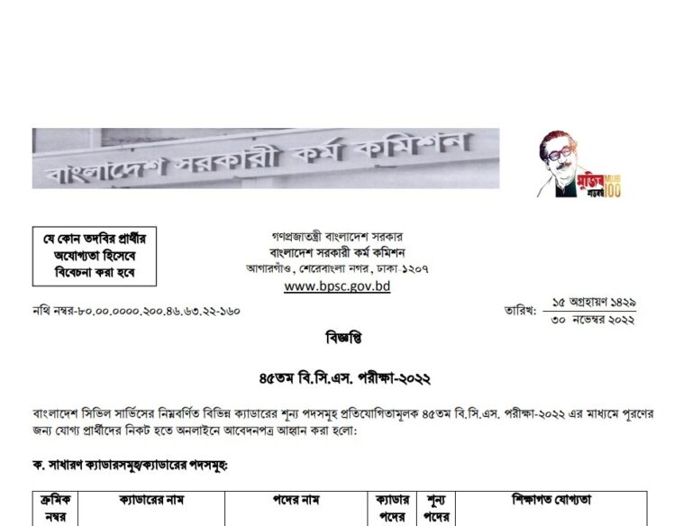 45th BCS Circular 2022 - Jobs Test bd