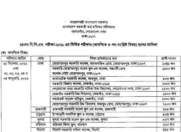 44th BCS Written Exam Centre List 2022 - Jobs Test bd