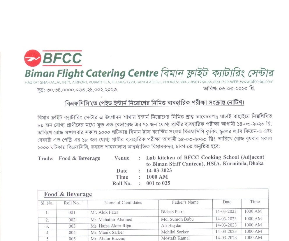 Biman Flight Catering Centre (BFCC) Intern Practical Test Date 2023 ...