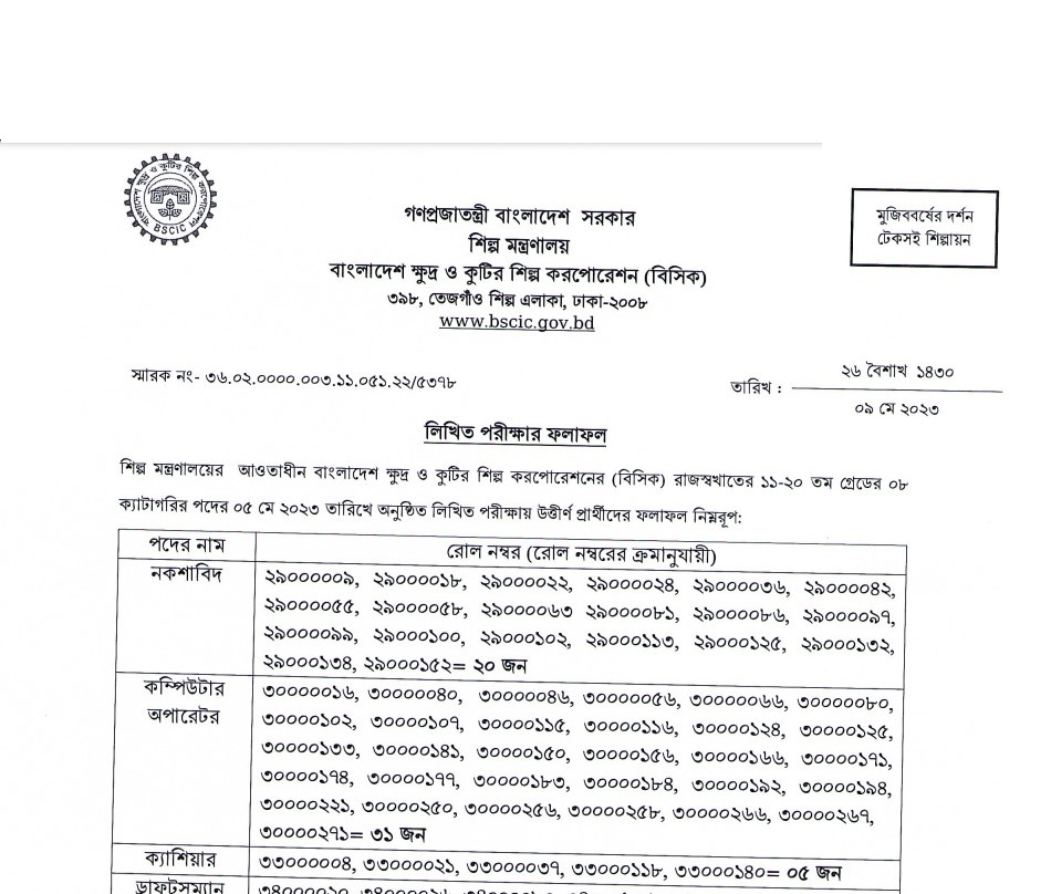 BSCIC Exam Result 2023 - Jobs Test bd
