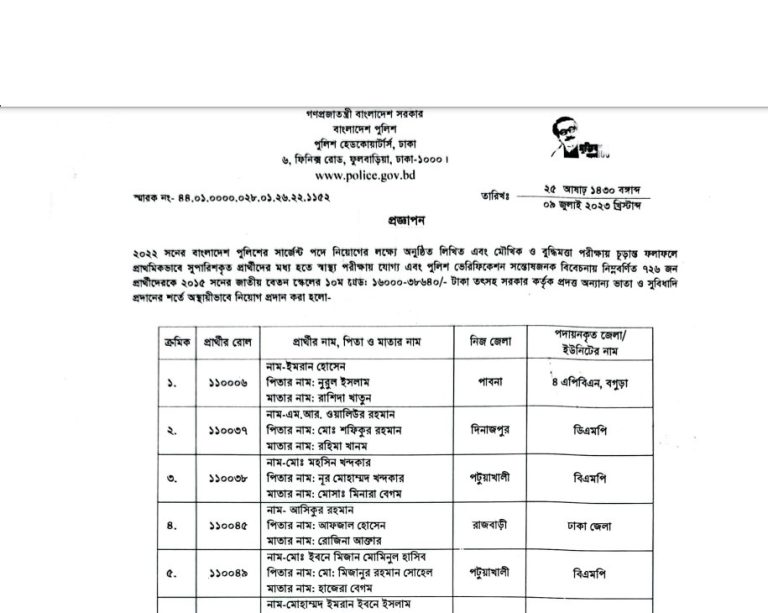 Police Sergeant Job Appointment Letter 2023 - Jobs Test bd