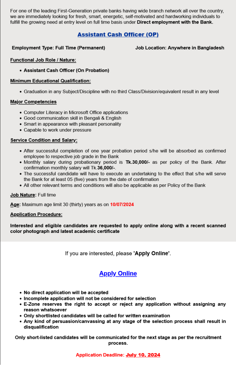 Leading Private Bank Assistant Cash Officer Job Circular 2024 - Jobs ...