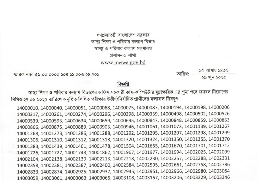 MEFWD Office Assistant Cum Computer Typist Exam Result 2025 - Jobs Test bd
